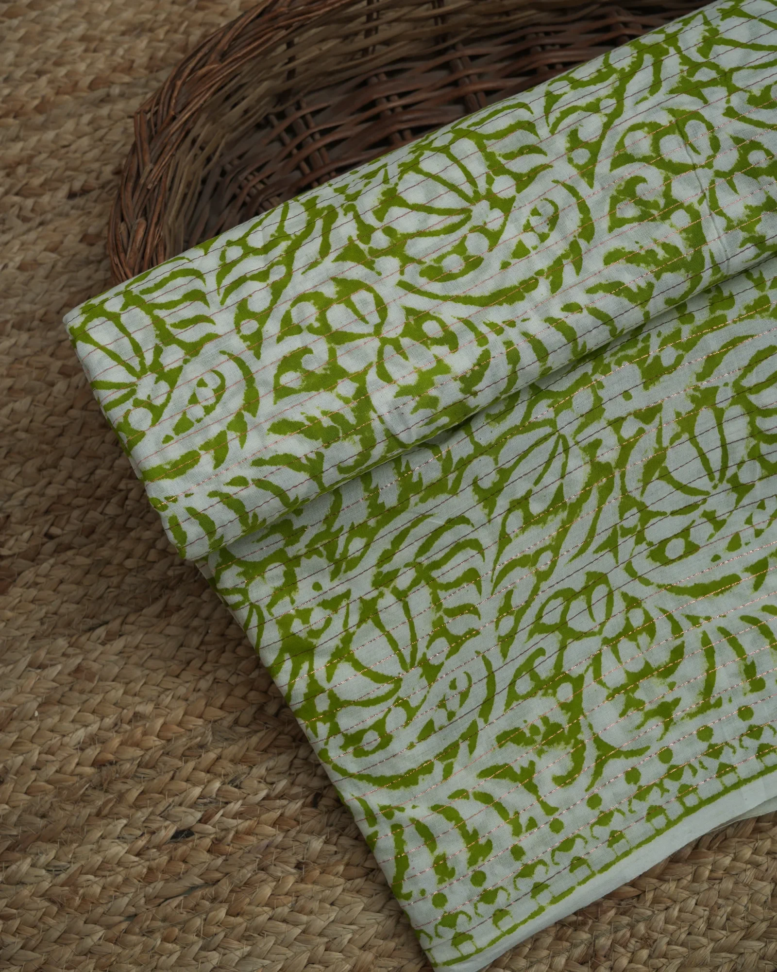 Hand Block Printed Cotton Fabric – Green and Blue – BARODA PRINTS